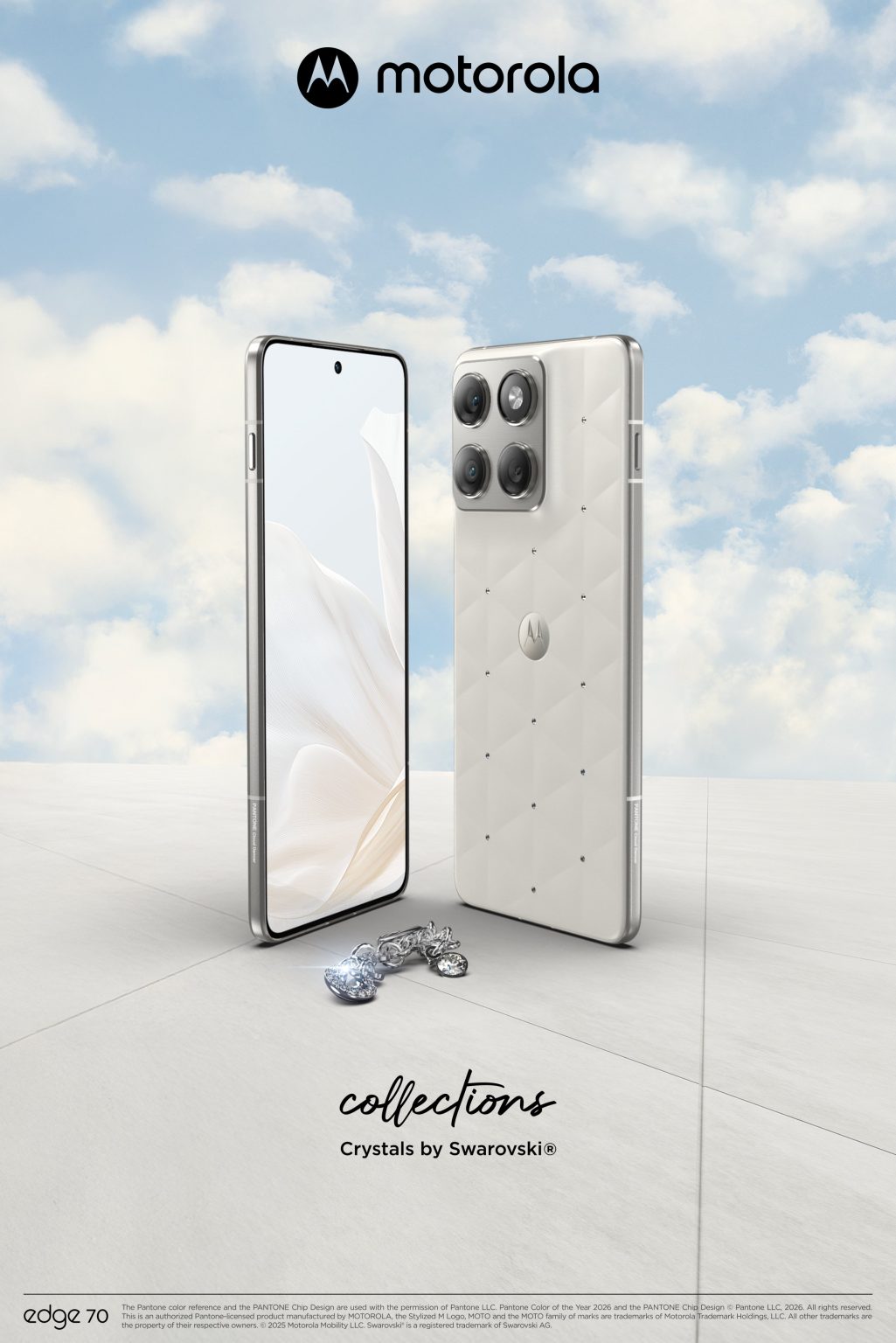 Motorola Edge 70 Swarovski Edition com a cor Pantone Cloud Dancer vaza ...